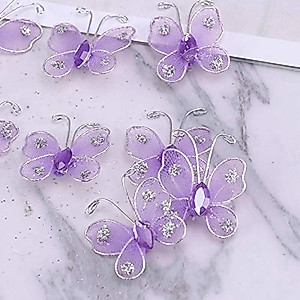 Artibetter 50PCS Wired Mesh Butterfly Glitter Gem Butterfly Craft Decor(Lavender)