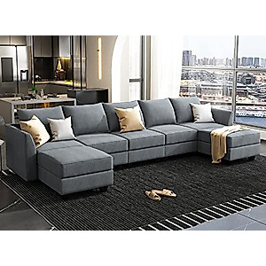 HONBAY Modular Sectional Sofa U Shaped Sectional Souch with Ottoman 7 Seat Modular Sofa with Chaise for Living Room, Bluish Grey