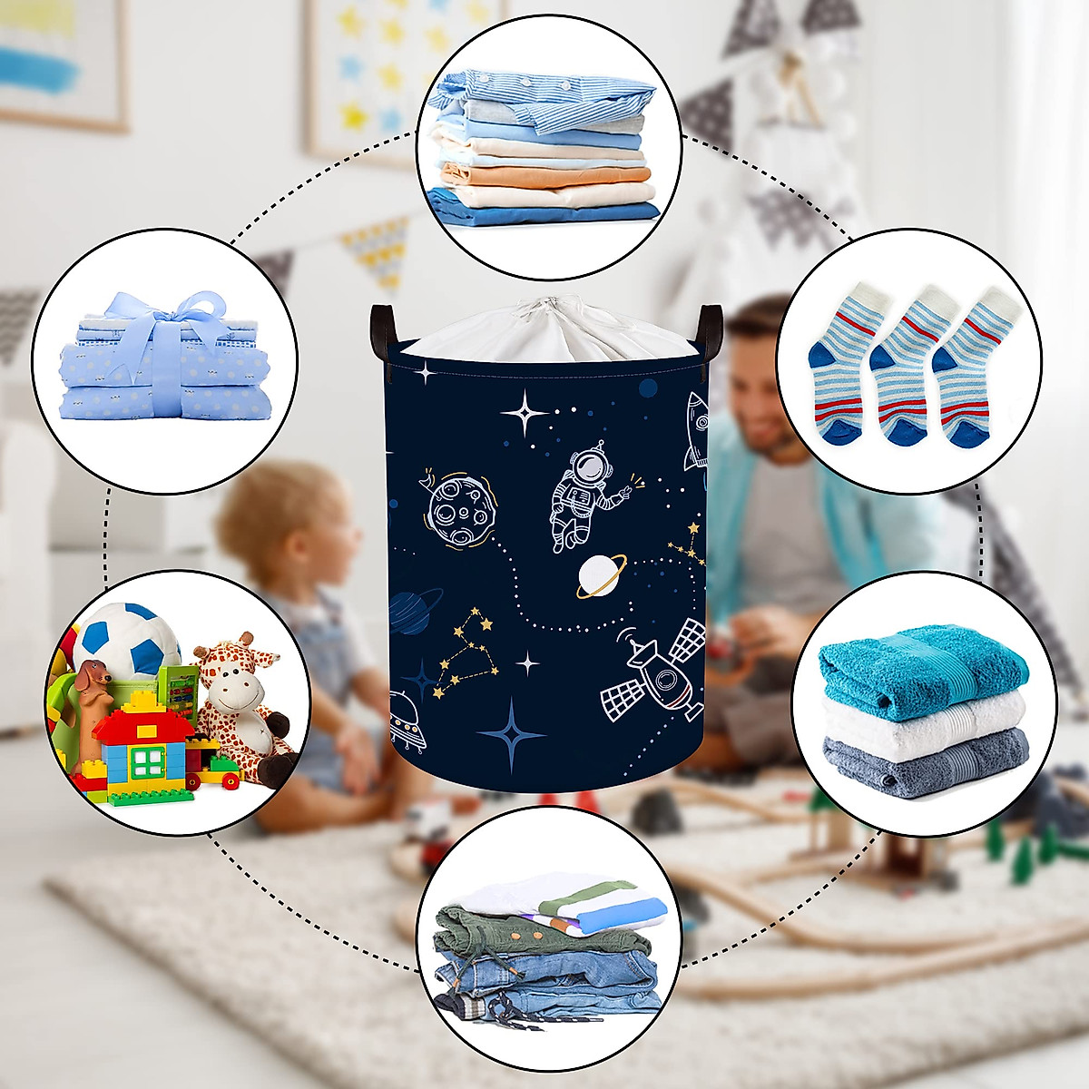 Clastyle 45L Spaceships Rocket Astronaut Nursery Hamper Outer Space Planet Clothes Toys Storage Basket with Drawstring