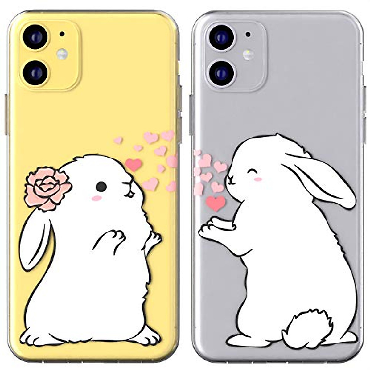 Toik Matching Couple Cases for Apple iPhone 11 Pro Xs Max Xr 10 X 8 Plus 7 6s 5s SE Cover Silicone TPU Flexible White Love Cute Design Print Bunnies Adorable Animal Protective Anniversary Girly