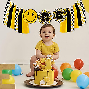 Therwen One Happy Dude High Chair Banner Lightning Smile Face First Birthday Banner One Happy Dude Birthday Decor Groovy Hippie Party Supplies for Kids 1st Birthday Baby Shower Photo Props (Cute)