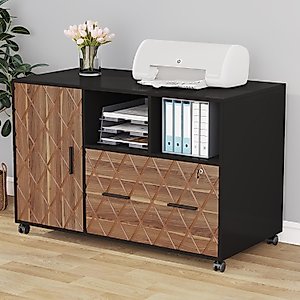 Tribesigns Large File Cabinet with Lock and Drawer, Modern Mobile Lateral Filing Cabinet Printer Stand Legal/Letter / A4 Size with Wheels and Storage Shelves for Home Office (Brown)