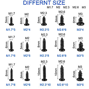 HanTof 750Pcs Small/Micro/Tiny/Mini Self-Tapping Screws,M1.7 M2 M2.3 M2.6 M3 Phillips Pan Head Screws for Laptop Computer Repair,Cross Recessed Wood Screws,DIY Electronic Screws,Carbon Steel (Black)