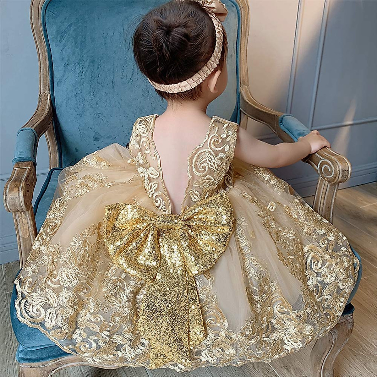 Lace Flower Girls Sequins Bowknot V-Back Tutu Dress for Kids Baby Christening Baptism Communion Birthday Party Dress Toddler Princess Pageant Wedding Bridesmaid Gown with Headwear 002 Gold 0-3 Months