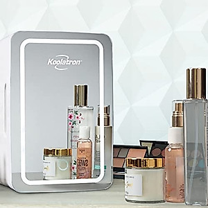 Koolatron Cosmetics Fridge w/Lighted Makeup Mirror, 6L Portable Skincare Refrigerator w/LED Ring Light, 12 Volt DC and 110 Volt AC Cords, Beauty Serum, Face Mask, Home, Travel, Hotel, Dorm, Office