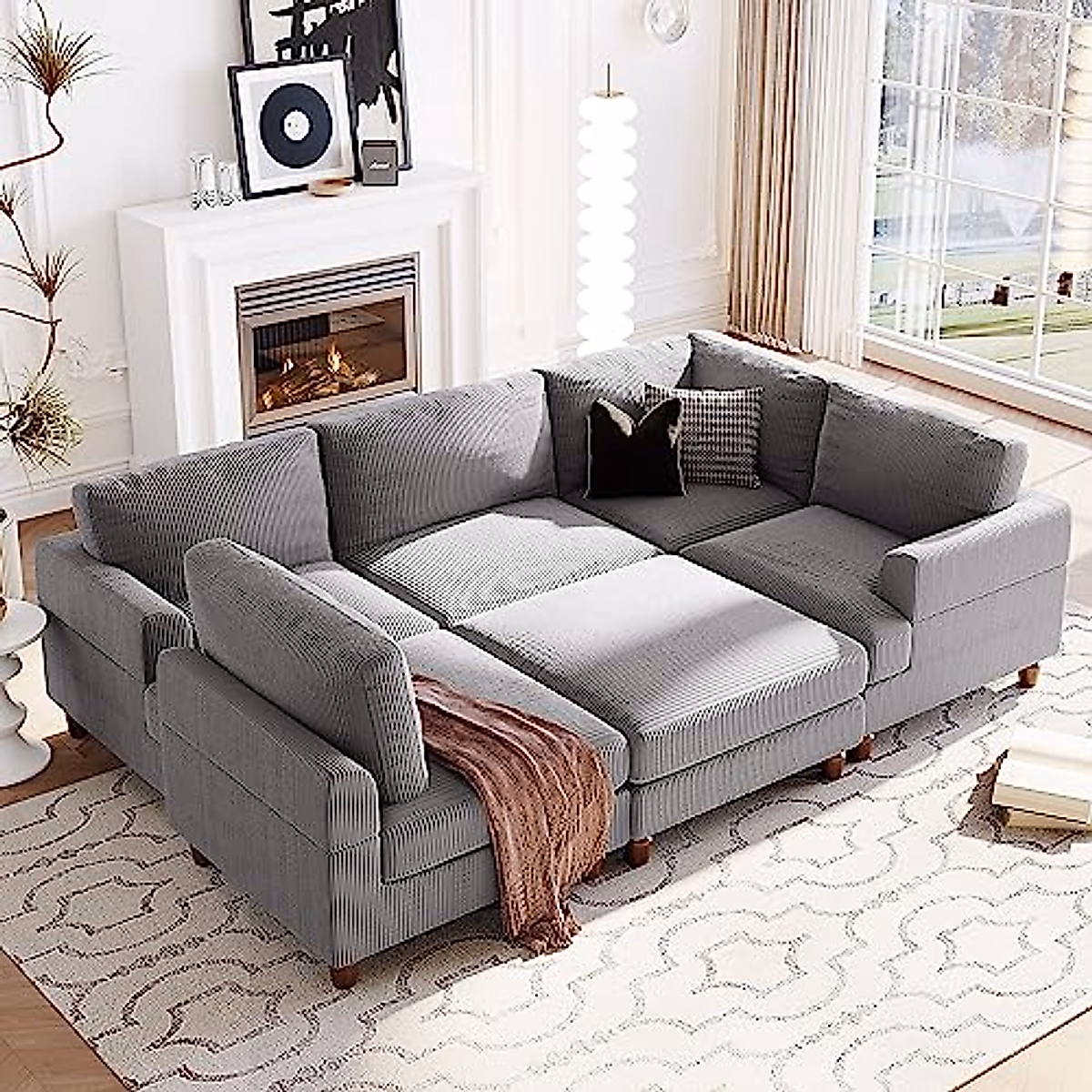 Free Combination Oversized Modular Sectional Sofa with Ottomans ,6 Seater Corduroy Upholstery L/U Shaped Reversible Corner Couch ,98" Sleeper Sofa&Couch Convertible Sofabed for Living Room Office