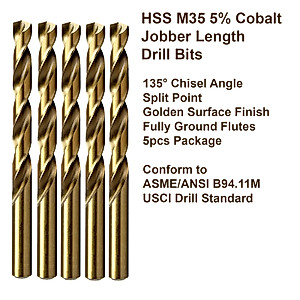 MAXTOOL No.3 5pcs Identical Jobber Length Drills Dia 0.213" HSS M35 Cobalt Twist Drill Bits Wire Gauge Numbered Golden Straight Drills; JBN35G10R03P5