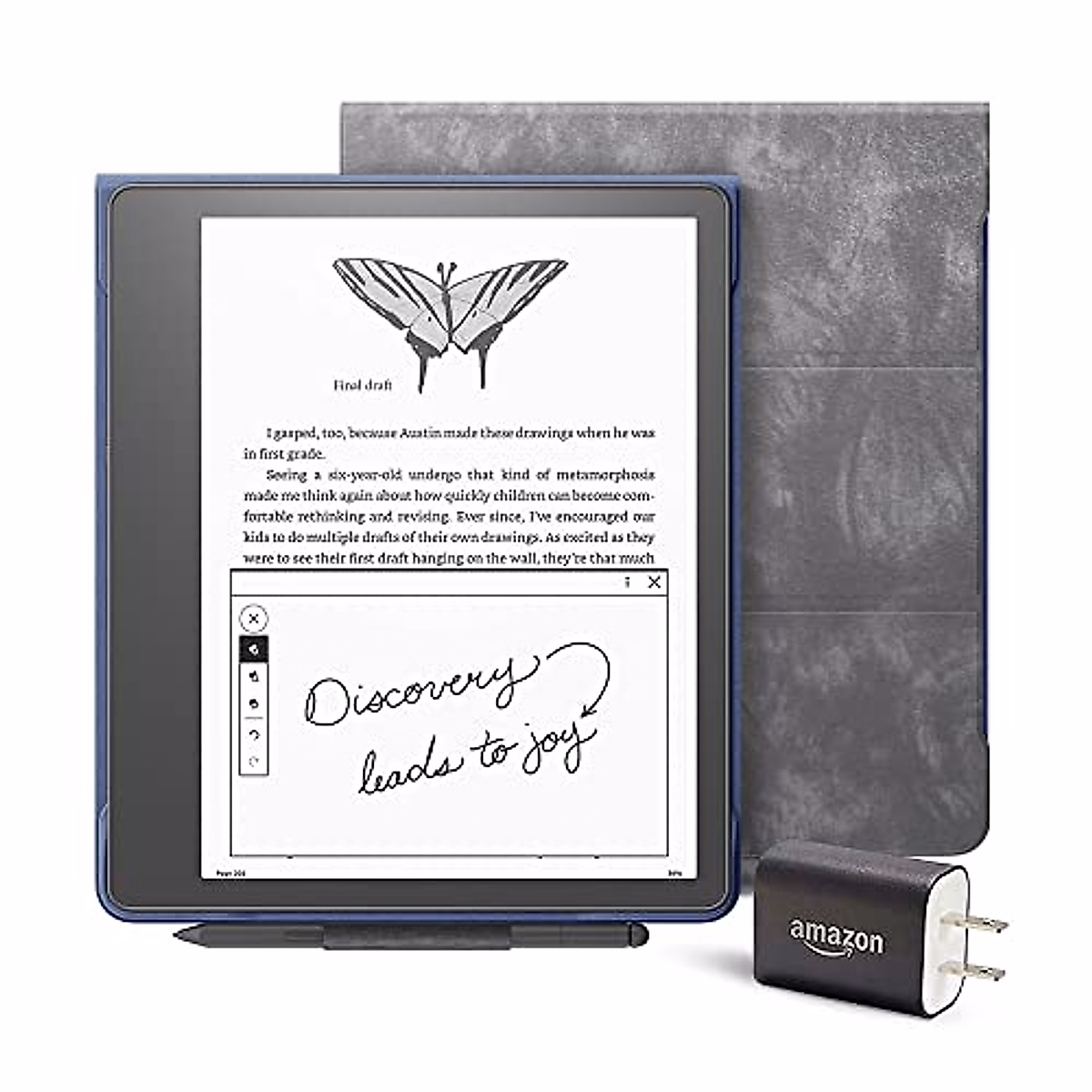 Kindle Scribe Essentials Bundle including Kindle Scribe (32 GB), Premium Pen, Brush Print Leather Folio Cover with Magnetic Attach - Tungsten, and Power Adapter