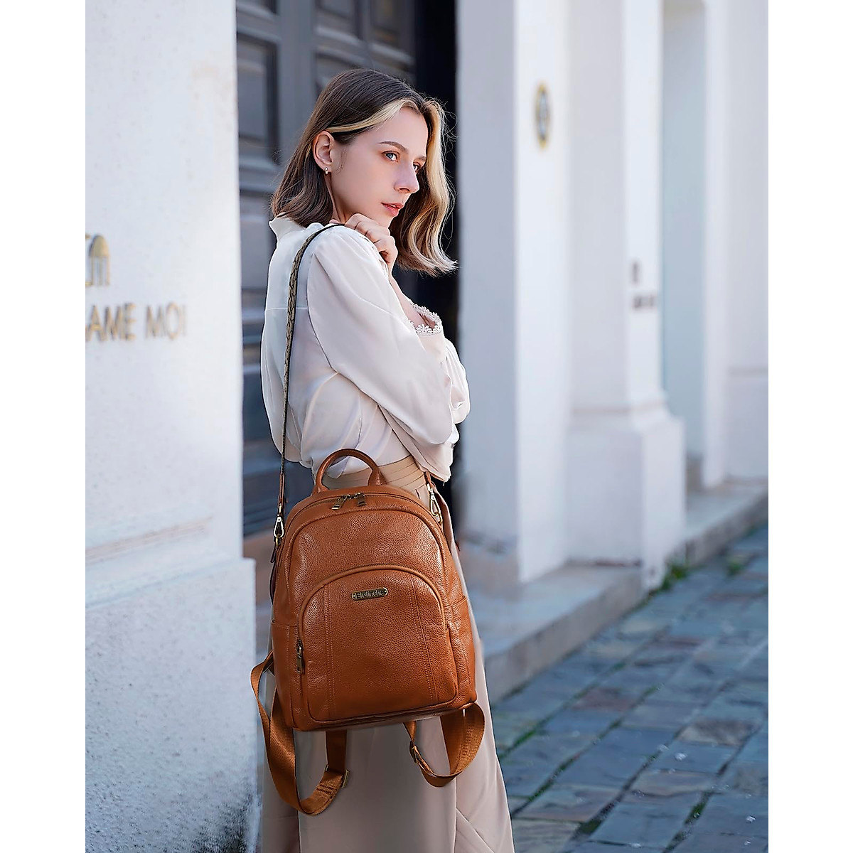 Genuine Leather Backpack Purse women satchel handbags Convertible Anti-theft work Shoulder bag Brown