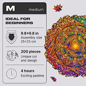 UNIDRAGON Original Wooden Jigsaw Puzzles - Mandala Inexhaustible Abundance, 200 pcs, Medium 9.8"x9.8", Beautiful Gift Package, Unique Shape Best Gift for Adults and Kids