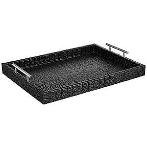 American Atelier Alligator Leather Serving Tray with Metal Handles, Black Large