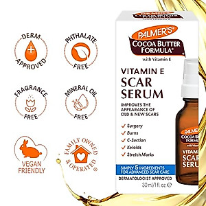 Palmer's Cocoa Butter Formula Scar Serum, Skin Brightening Oil for Face & Body, Concentrated Serum with Vitamin E, Fragrance Free, 1 Fl Oz