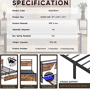 Queen Size Bed Frame,with Storage Headboard and 2 Drawers,LED Lights Bed with Charging Station,Metal Platform Bed No Noise, Mattress Foundation Strong Metal Slats Support No Box Spring Needed (Queen)