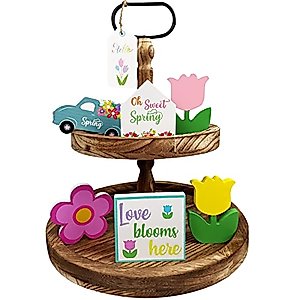7 Pieces Hello Spring Tiered Tray Decorations Easter Tray Decor Spring Wooden Table Sign for Spring Home Decorations (Spring Style)