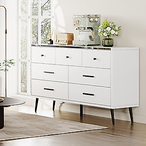 DWVO White 7 Drawer Dresser, Wood Storage Dressers & Chests of Drawers with Black Metal Handle ＆ Anti-Tipping Device, Modern Double Dresser Storage Cabinet Living Room Hallway, Entryway