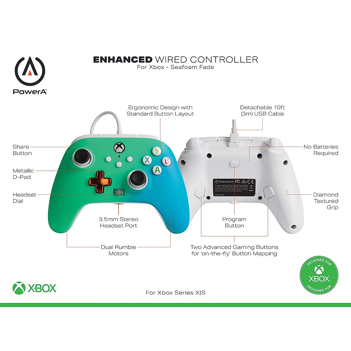 PowerA Enhanced Wired Controller for Xbox Series X|S - Seafoam Fade, gamepad, wired video game controller, gaming controller, Xbox Series X|S