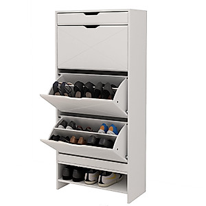 HESIEU Modern Wooden 3 Tier Tumble Shoe Cabinet Storage Cabinet White Finish with 1 Drawer and 1 Bottom Storage Suitable for Hallway, Entryway, Bedroom, Closet