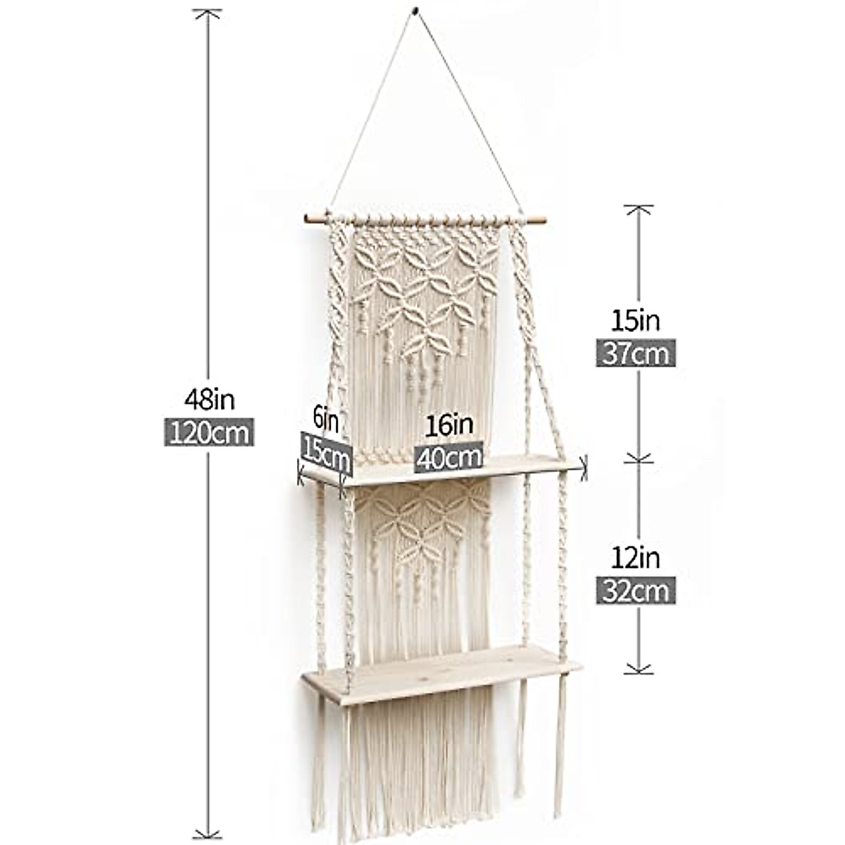 SUMGAR Macrame Wall Hanging Shelves 2 Tier - Boho Hanging Plant Shelf for Wall, Wood Color Woven Rope Floating Shelf, Boho Shelf Window, Bedroom, Bathroom Indoor Wall for Mother's Day, Birthday