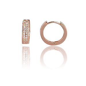 DECADENCE Sterling Silver Polished Channel Huggie Hoop Earrings for Women | 4x15mm AAA Cubic Zirconia Hoop Earrings | Secure Tube Cartilage Closure | 14k Plated Shiny Classic Earrings