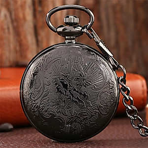 Whodoit Black Shiny Arabic Numeral Men's Quartz Pocket Watch, Pocket Watches Gift Quartz Movement for Men with Chain-Black