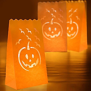 Homemory 24 Pack Halloween Luminary Bags, Flame Resistant Luminaries, Orange Tea Light Candle Bags for Halloween Decoration, Parties, Fall Festival