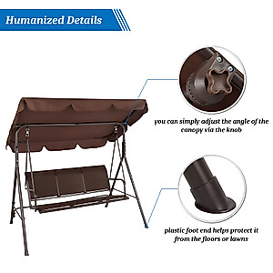 VINGLI Heavy Duty 550 LBS Upgraded 3 Person Outdoor Porch Swing with Stand, Adjustable Canopy Swing with Textilene Fabric & Steel Frame for Yard, Pool, Lawn, Indoors (Brown)