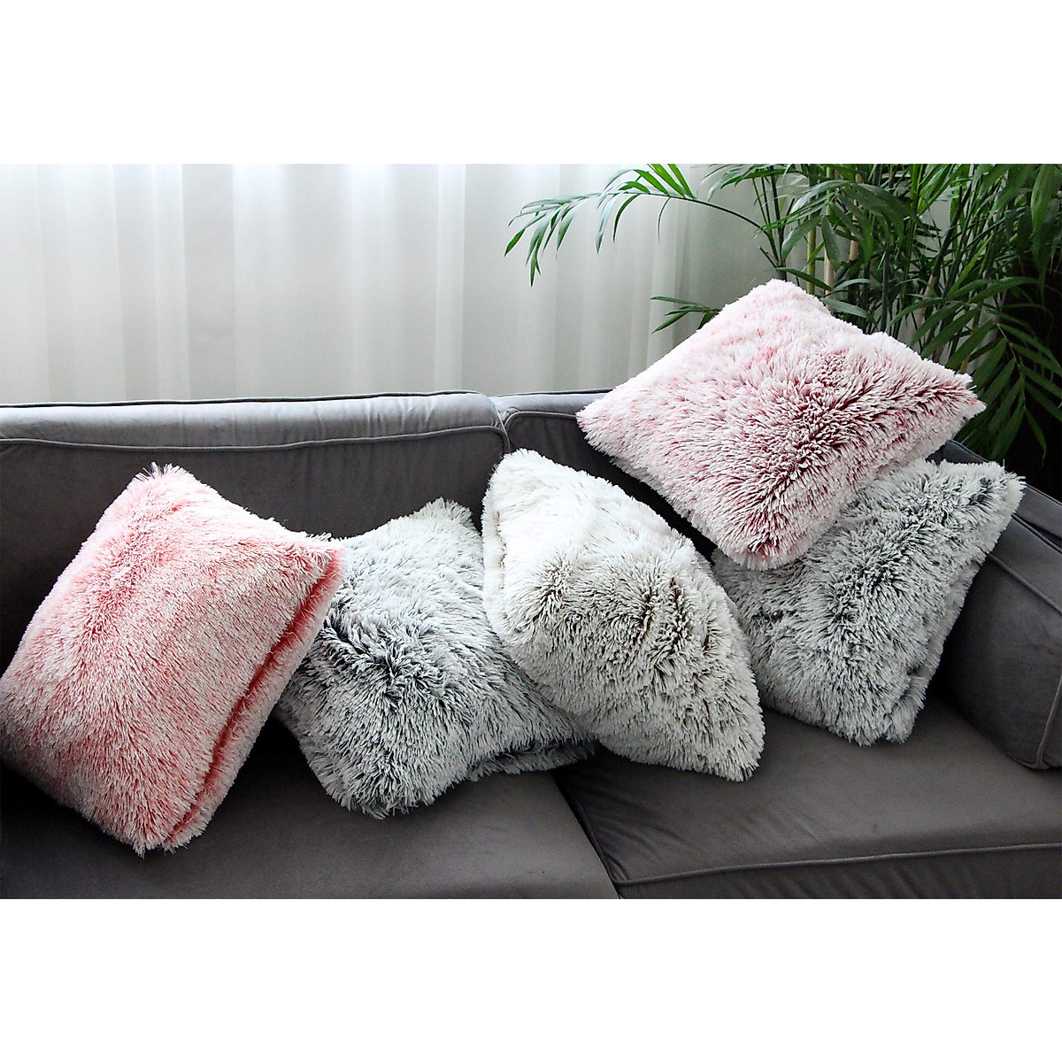 Uhomy 2 Packs Home Decorative Luxury Series Super Soft Faux Fur Throw Pillow Cover Cushion Case for Sofa or Bed Gray Ombre Fluffy Double Side, 18x18 Inch 45x45 Cm
