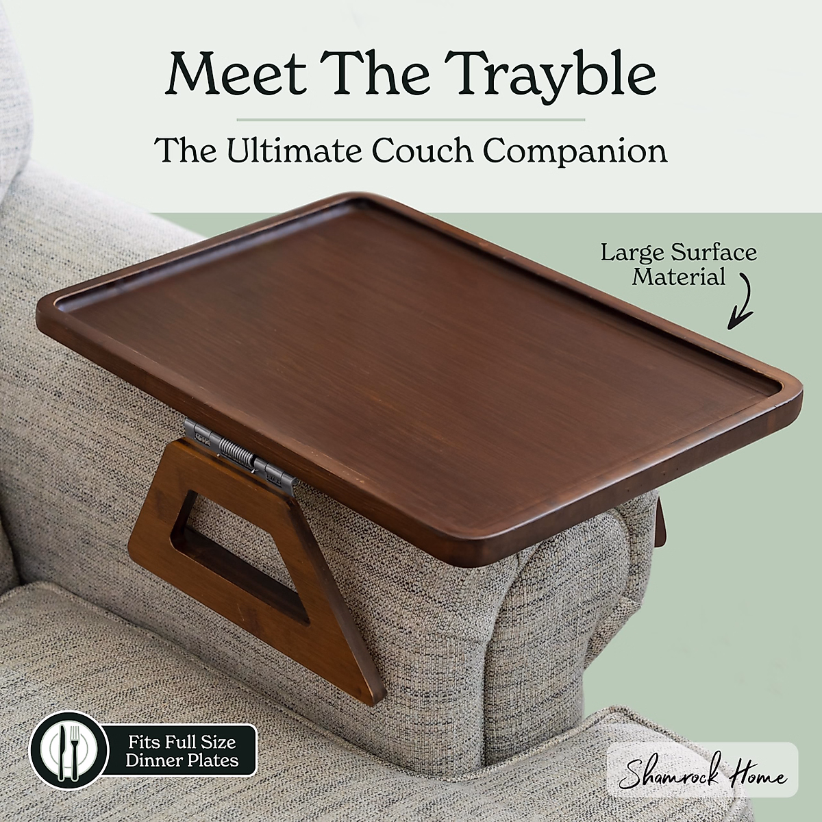 Shamrock Home Bamboo Trayble Couch Arm Table, Clip On Tray Sofa Table for Couches. Sofa Arm Tray for TV Dinners, Remotes, Drinks, Snacks and Small Spaces - 15.75 x 11inch, Brown