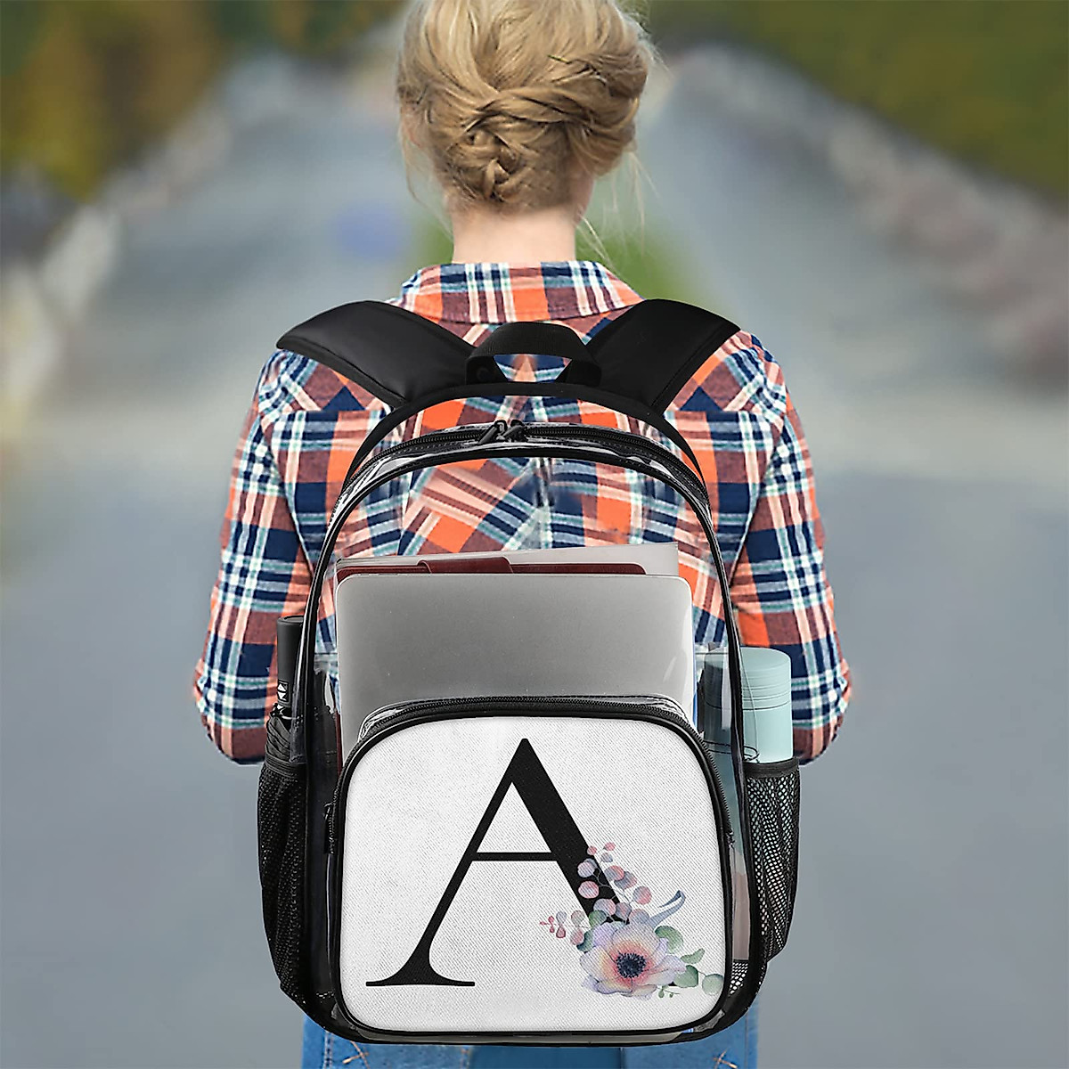 Heavy Duty Clear Backpack Stadium Approved, Alphabet Monogram Floral M Letter PVC Transparent Backpack See Through Large Bookbag for Work School Travel College