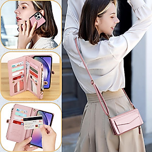 DKDKSIP for iPhone 15 Pro Max Wallet Case for Women, Support Wireless Charging with RFID Blocking Card Holder, PU Leather Zipper Wallet Detachable Magnetic Phone Case with Crossbody Strap, Pink