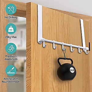 MGahyi Over The Door Hooks Hanger, Moving 6-Hooks,Over Door Towel Rack,Door Coat Hanger, Upgraded Long Arms for Bathroom Accessories (White)