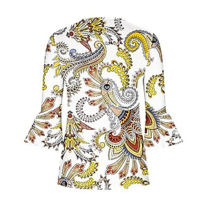SMIDOW Summer Tunic Tops for Women 2023 Fashion 3/4 Bell Sleeve t-Shirt Bohemian Floral Henley Shirts Empire Waist Blouse