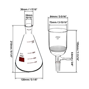 QWORK 250ml Glass Buchner Filtering Funnel and 1000 ml Erlenmeyer Flask, Thick Wall Flask with 24/40 Outer Joint