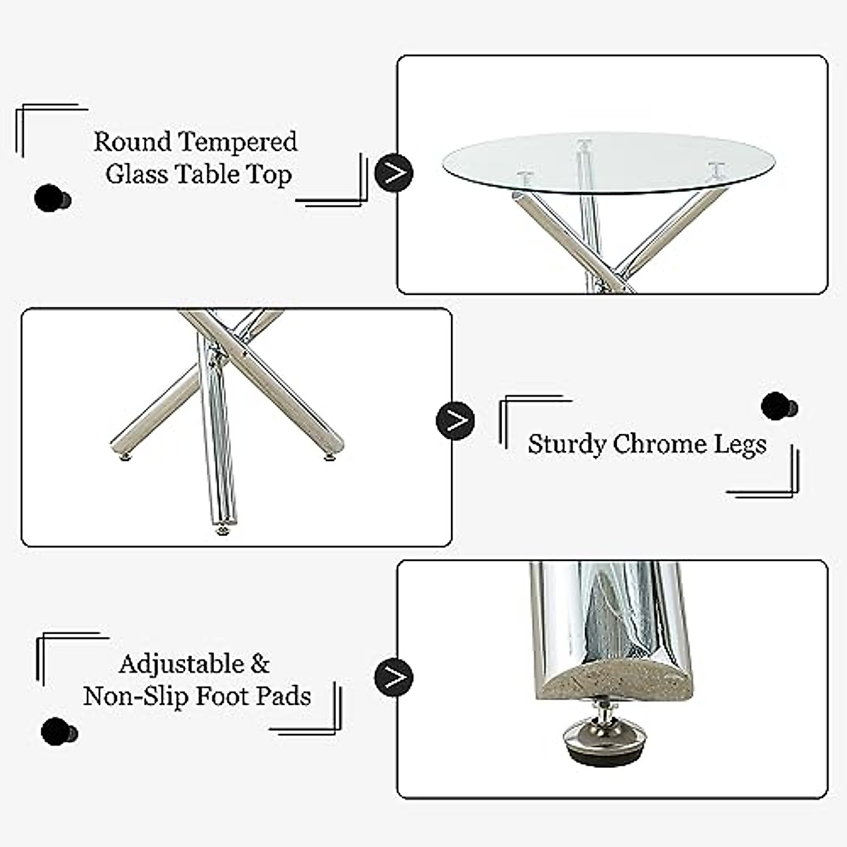 HAIZAO Dining Table Set for 2, Modern Round Tempered Glass Top Table and PU Leather Chairs for Dining Room, Small Living Room, Kitchen, Plain Back, Black with Silver Base