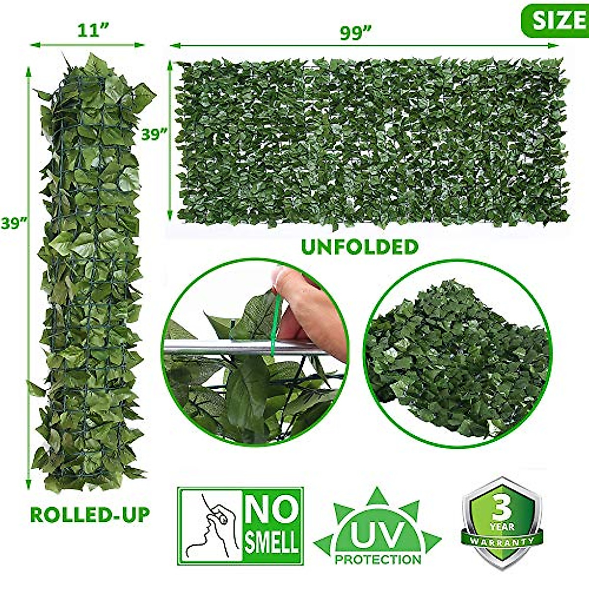 kdgarden 99"x39" Artificial Hedge Panels Faux Ivy Fence Leaf and Vine Privacy Screen UV-Protected Decorative Trellis Wall Screen for Outdoor Garden and Yard Decoration, Dark Green