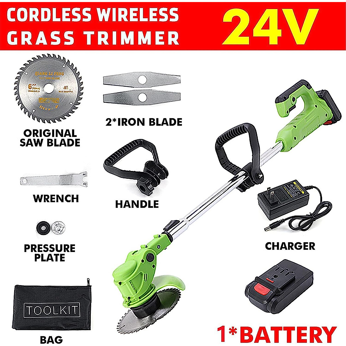 Handheld Portable Grass Trimmer Telescopic Electric Lawn Mower Cordless Weeder Garden Pruning Tool Brush Cutter Complete Accessories Rechargeable Lithium Battery 24V