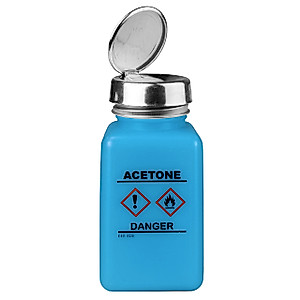 Menda 35730 One Touch Liquid Dispenser Pump Bottle, Acetone Printed, HCS Label, ESD Safe, 6 oz. Dissipative, HDPE/Stainless Steel, Blue
