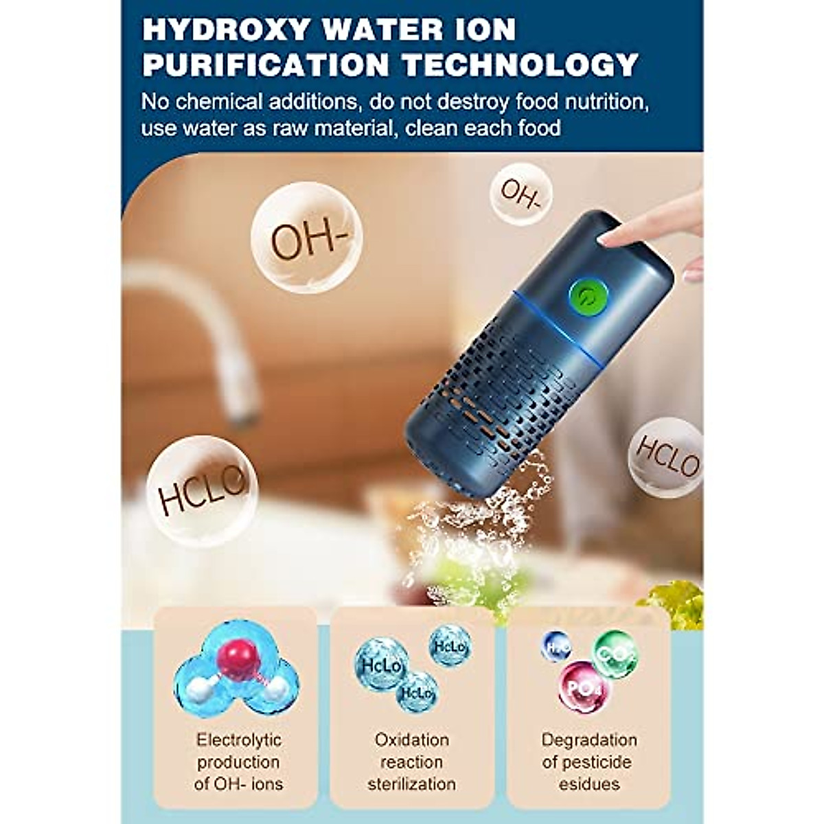 The Fruit And Vegetable Purifier Adopts Hydroxyl Water Ion Purification Technology, IPX7 Waterproof Uses Titanium Electrodes, Safe And Durable. Built-in 4400mah High-capacity Battery, Smaller Than A S