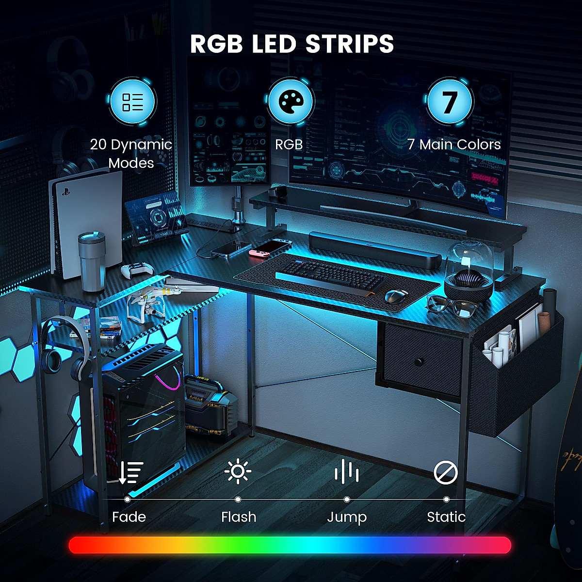 DOMICON L Shaped Gaming Desk, 55 Inch Computer Desk with Adjustable Stand & RGB Lights, Corner Desk for Power Outlet, Carbon Fiber Texture, Gaming Room