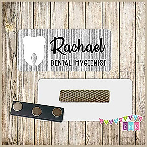 Tooth- Dental - Grey Stripe - PERSONALIZED - Custom Name Tag - 1.25" x 3" Magnetic OR Pin Back - 097NT