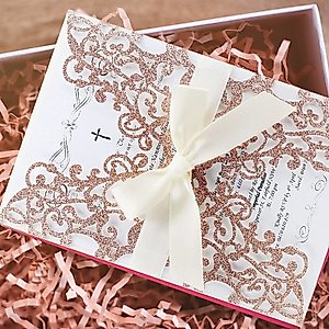 KALOPEZY 50PCS Wedding Invitation,Rose Gold invitations,Gold Powder Floral Laser Cut with Blank Inner Sheet, Envelopes and Ribbons for Party Wedding Engagement Bridal Bridal Shower Invite (Rose Gold)