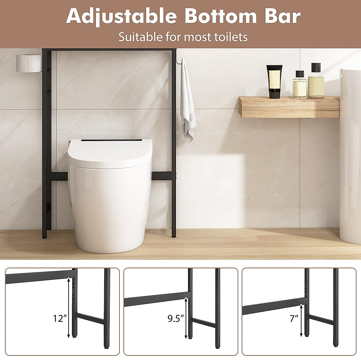 Tangkula Over The Toilet Storage Cabinet, Freestanding Toilet Rack w/ 2 Doors, Adjustable Shelf, Adjustable Bottom Bar, 2 Side Hooks, Above Toilet Storage Shelf for Bathroom, Laundry Room (Black)