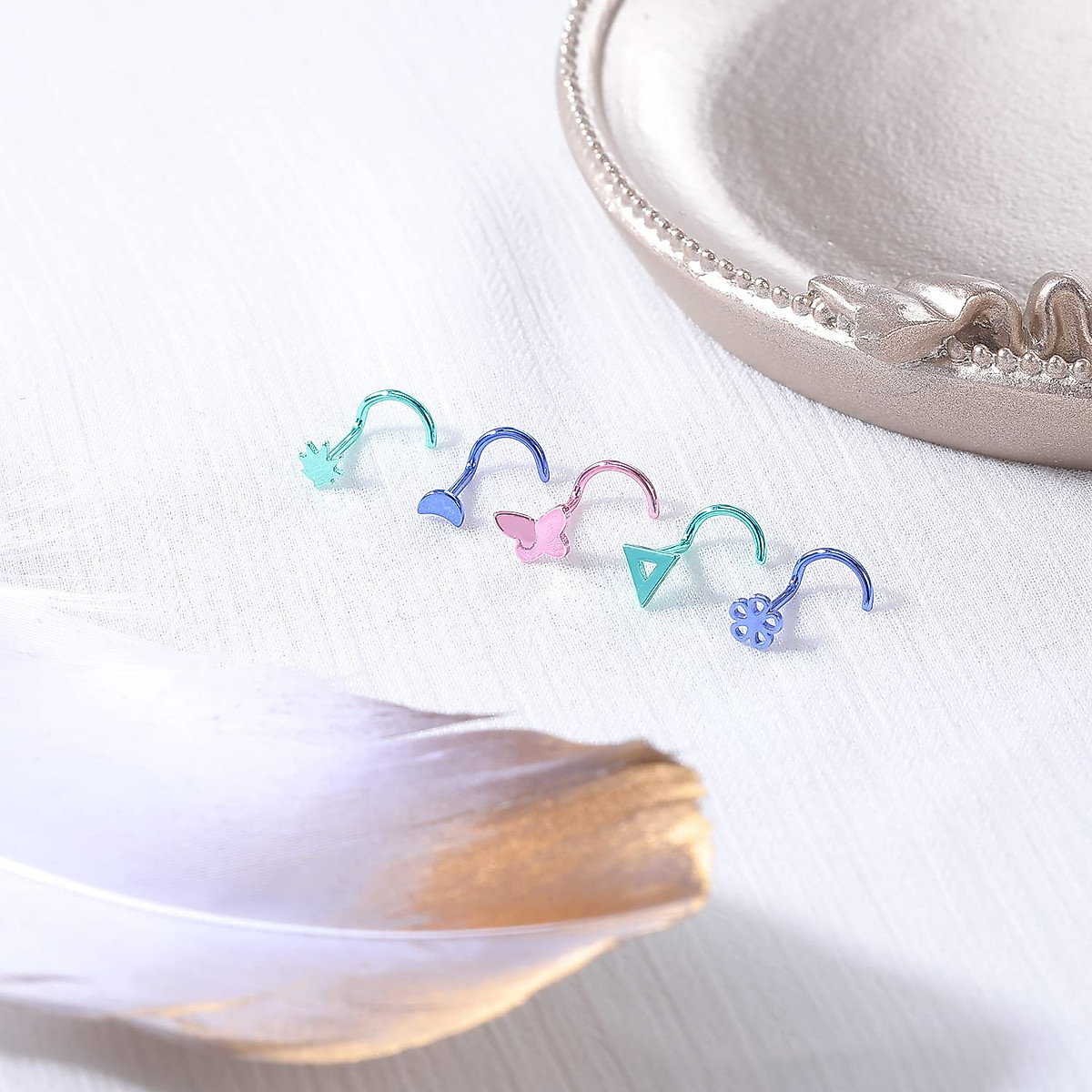 ZS 9PCS 20G Nose Rings for Women, 316L Stainless Steel Nose Piercings Jewelry, Colorful Screw L-Shape Nose Studs Rings (Corkscrew)