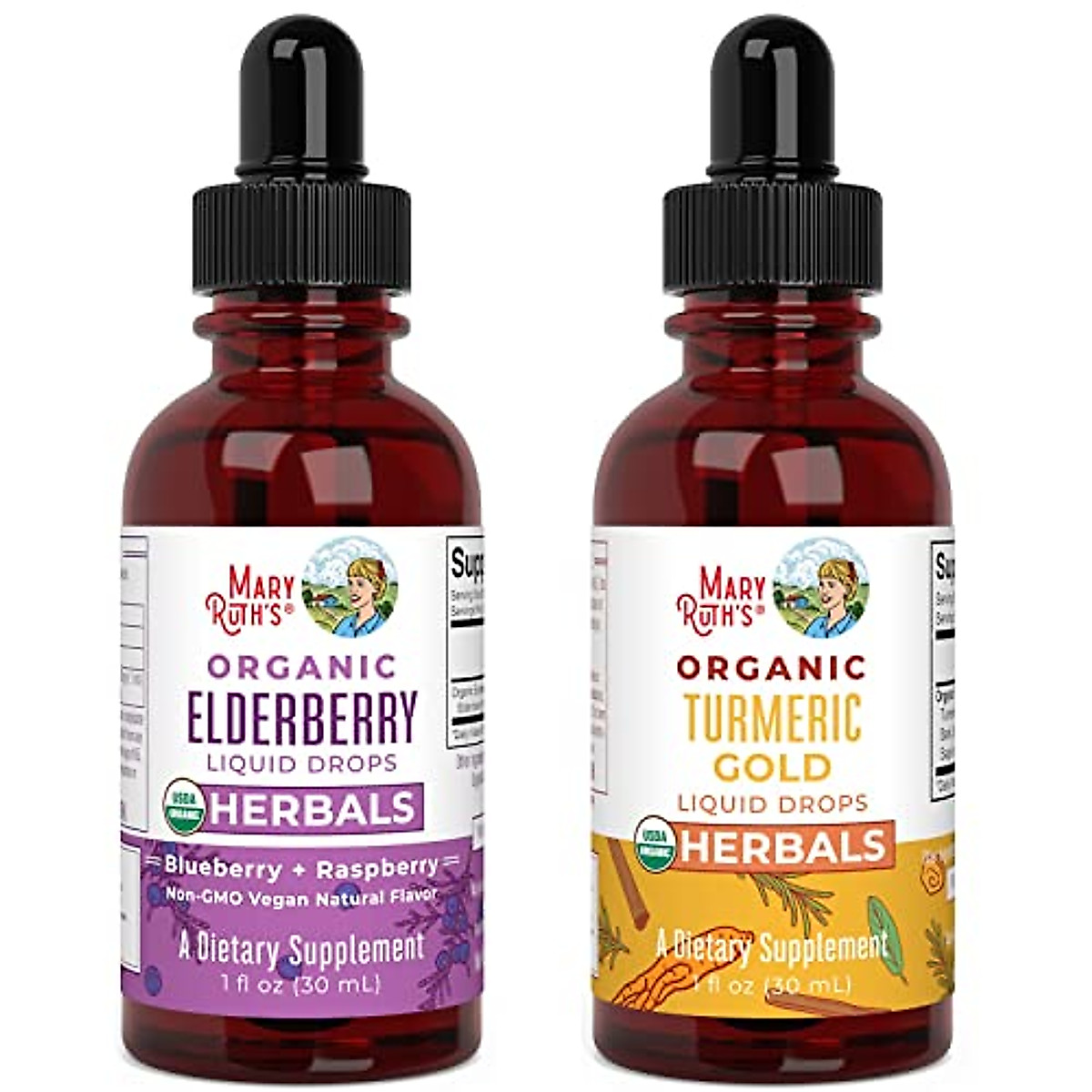 MaryRuth Organics Elderberry Syrup & Turmeric Gold Herbals Bundle Black Sambucus Liquid for Kids & Adults | USDA Organic Turmeric Gold Liquid Drops | Immune System Support | Non-GMO, Vegan