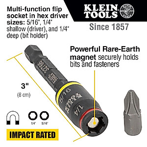 Klein Tools 32768 Impact Driver, 3-in-1 Impact Flip Socket, 1/4 Nut Driver and 5/16 Nut Driver Hex Sizes, 3 and 5-Inch Lengths, 2-Piece Set
