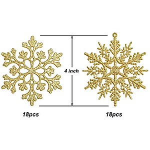 Lvydec 36pcs Christmas Glitter Snowflake Ornaments, Plastic Snowflakes Christmas Tree Decorations for Winter Holiday Party Decor, 4 Inch, Gold