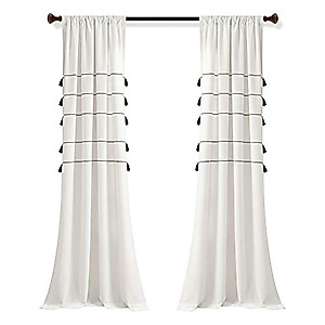 Lush Decor Farmhouse Boho Stripe Woven Tassel Yarn Dyed Cotton Window Curtain Panel Pair, 42" x 84" , Ivory & Black