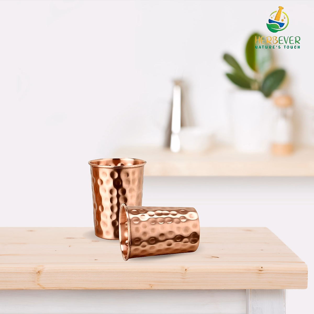 HERBEVER Pure Copper Hammered shape Water Tumbler Glasses for Healing Ayurvedic Set of 2
