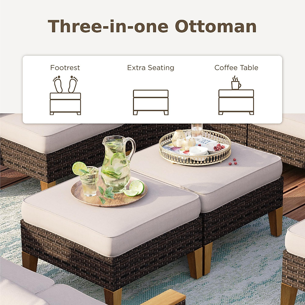 PHI VILLA Outdoor Patio Furniture 9 Seat Half-Moon Curved Sectional Oversized Wicker Sofa Set with Cushions, Beige for Poolside,Garden