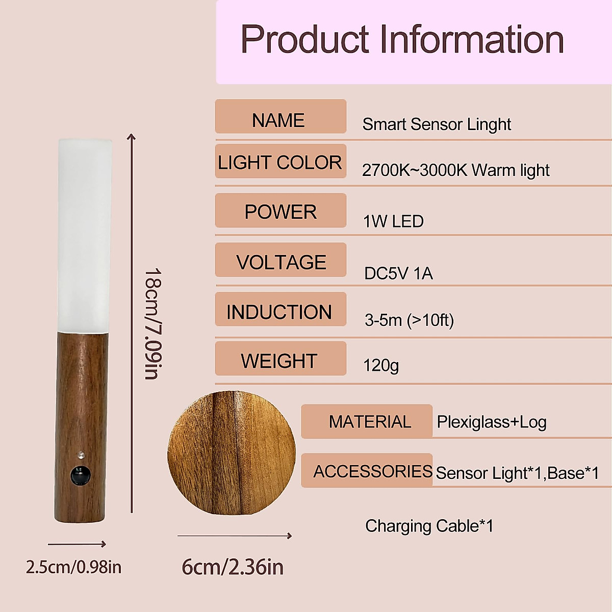 Upgraded Magnetic Rechargeable Wall Sconce, Motion Sensor Battery Powered Wooden Night Light, Cabinet Light Torch Light for Wall Hallway Wardrobe Stairwell Cabinet Kitchen etc (Black Walnut, 1 pcs)